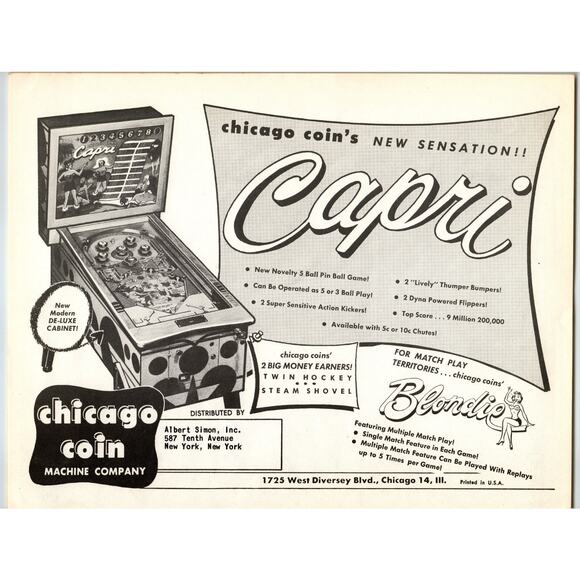 Chicago Coin | Art | Capri Pinball Machine Flyer Original 956 Vintage ...